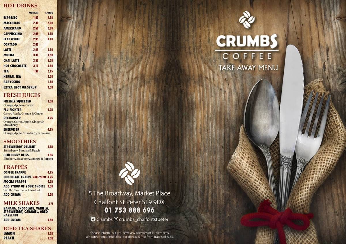 Menu at Crumbs cafe, Gerrards Cross
