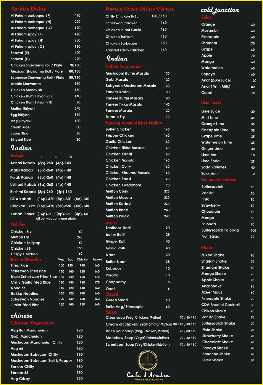 Menu at Café D Arabia, Karunagappally