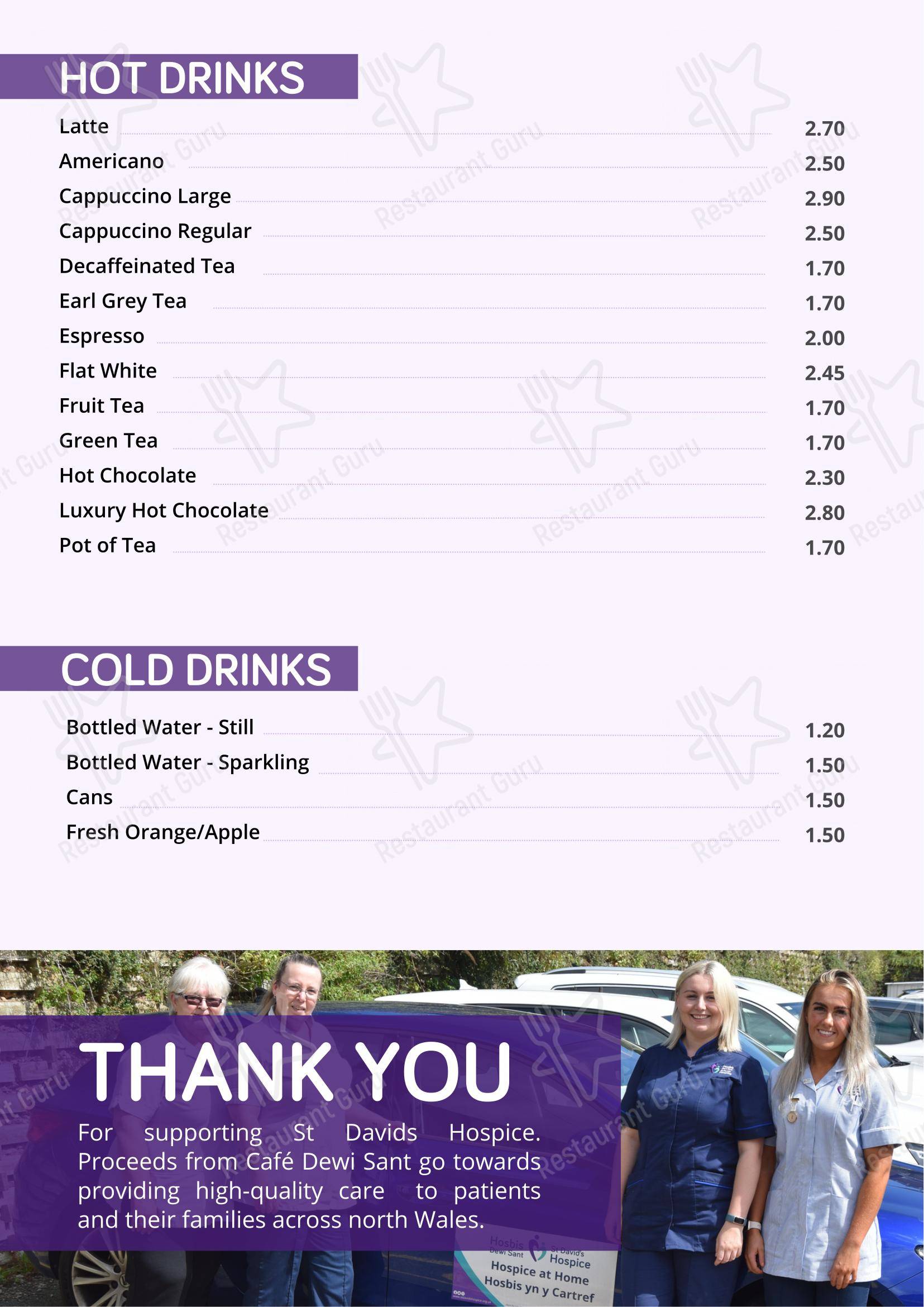 Menu at Cafe Dewi - St David's Hospice, Llandudno