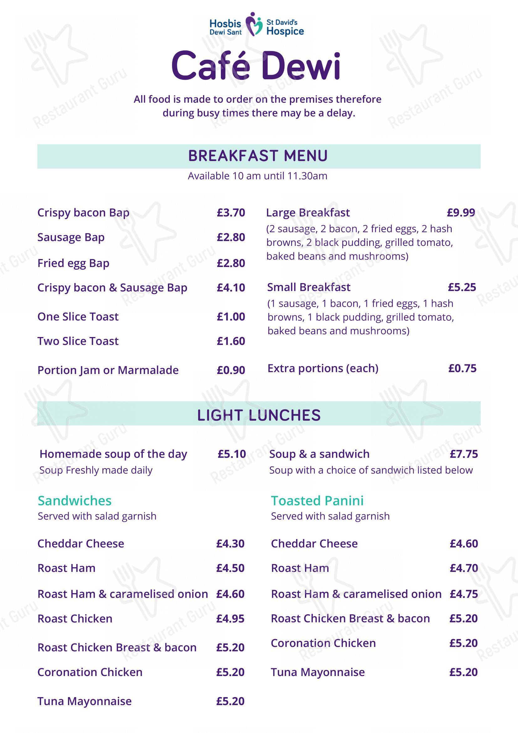 Menu at Cafe Dewi - St David's Hospice, Llandudno