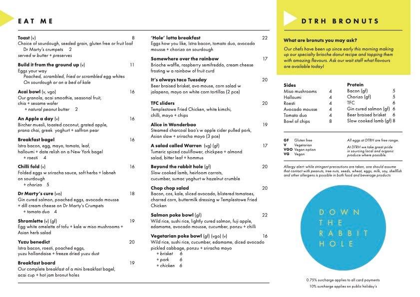 Menu at Down The Rabbit Hole Cafe, Templestowe