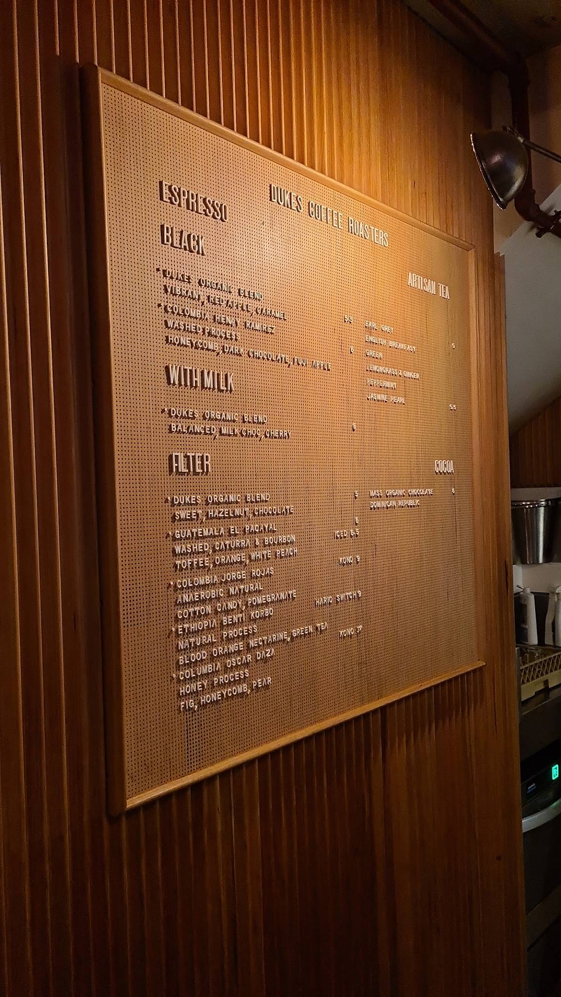 Menu at Dukes Coffee Roasters cafe, Melbourne, 247 Flinders Ln