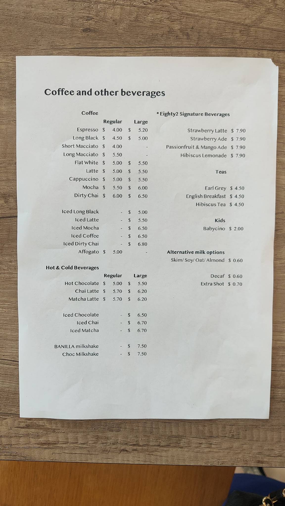 Menu at Cafe Eighty2, East Victoria Park