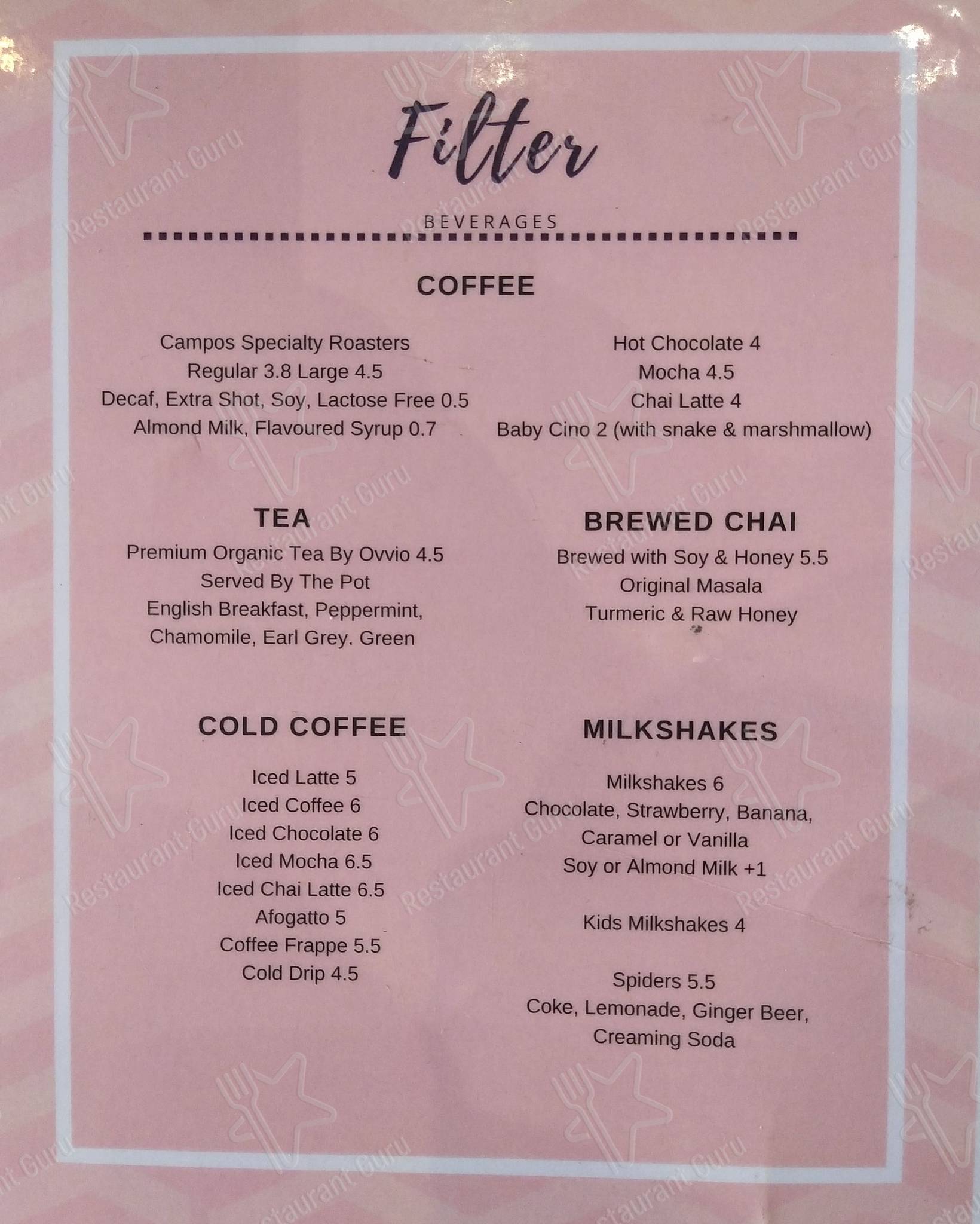 Menu at Filter Cafe, Mortdale