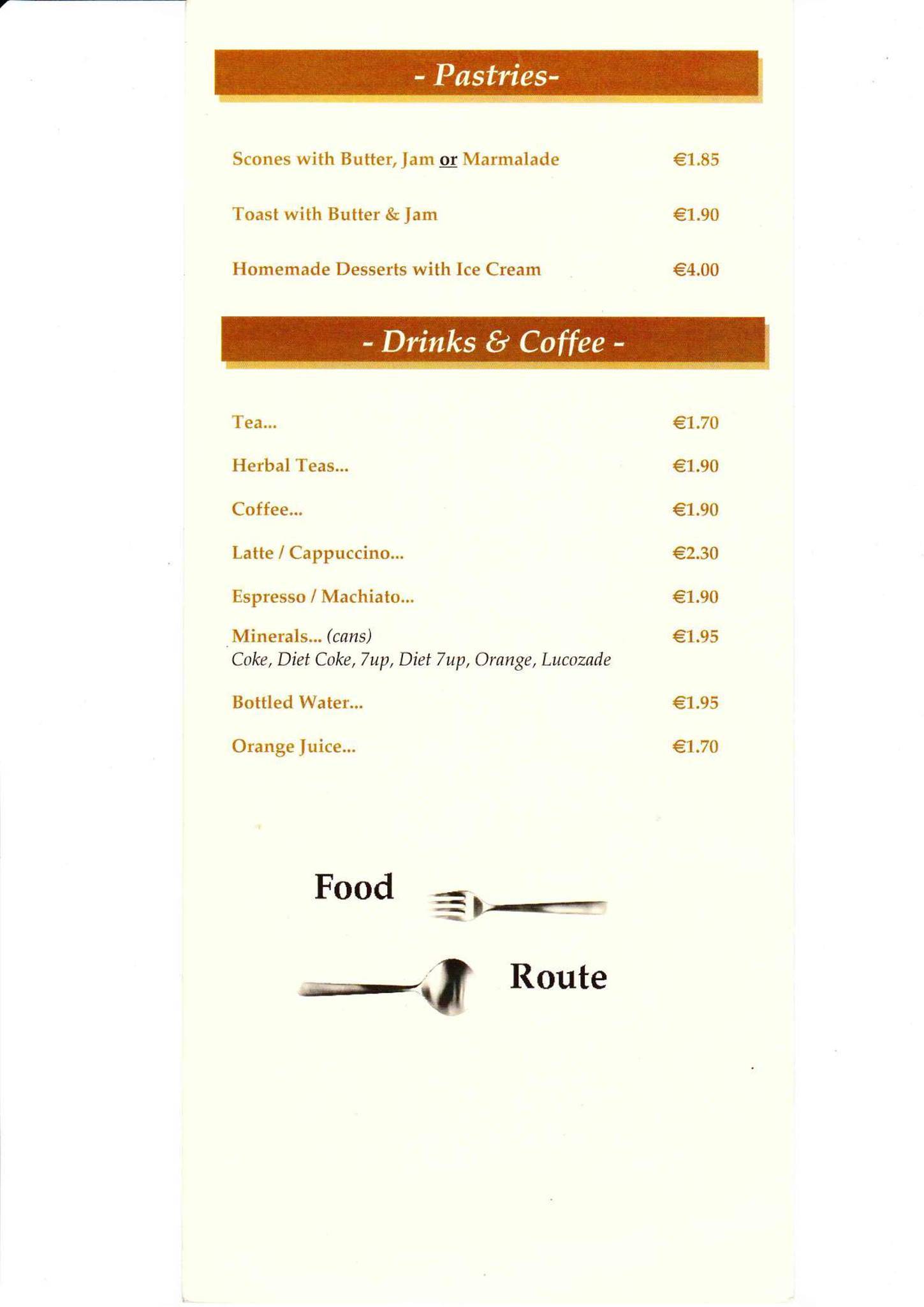 Carta del café Food Route, Celbridge