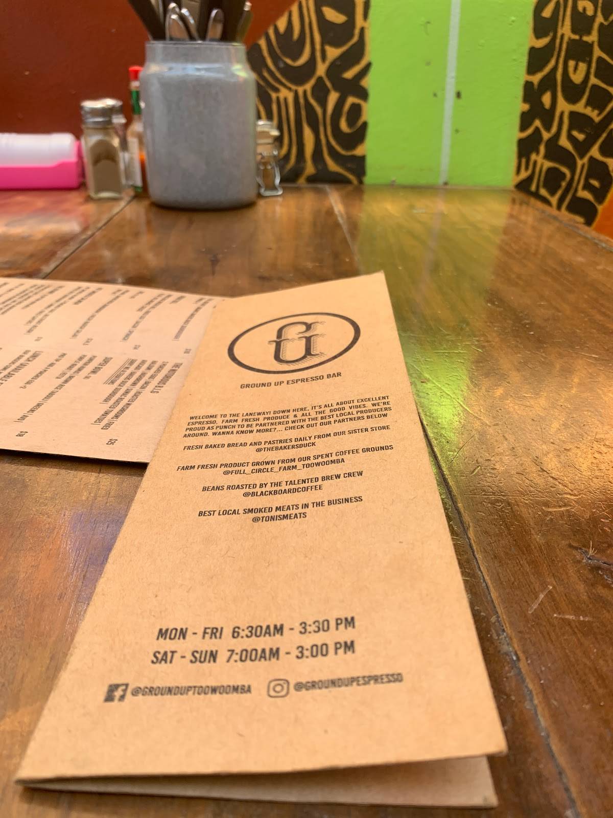 Menu at Ground Up Cafe, South Toowoomba