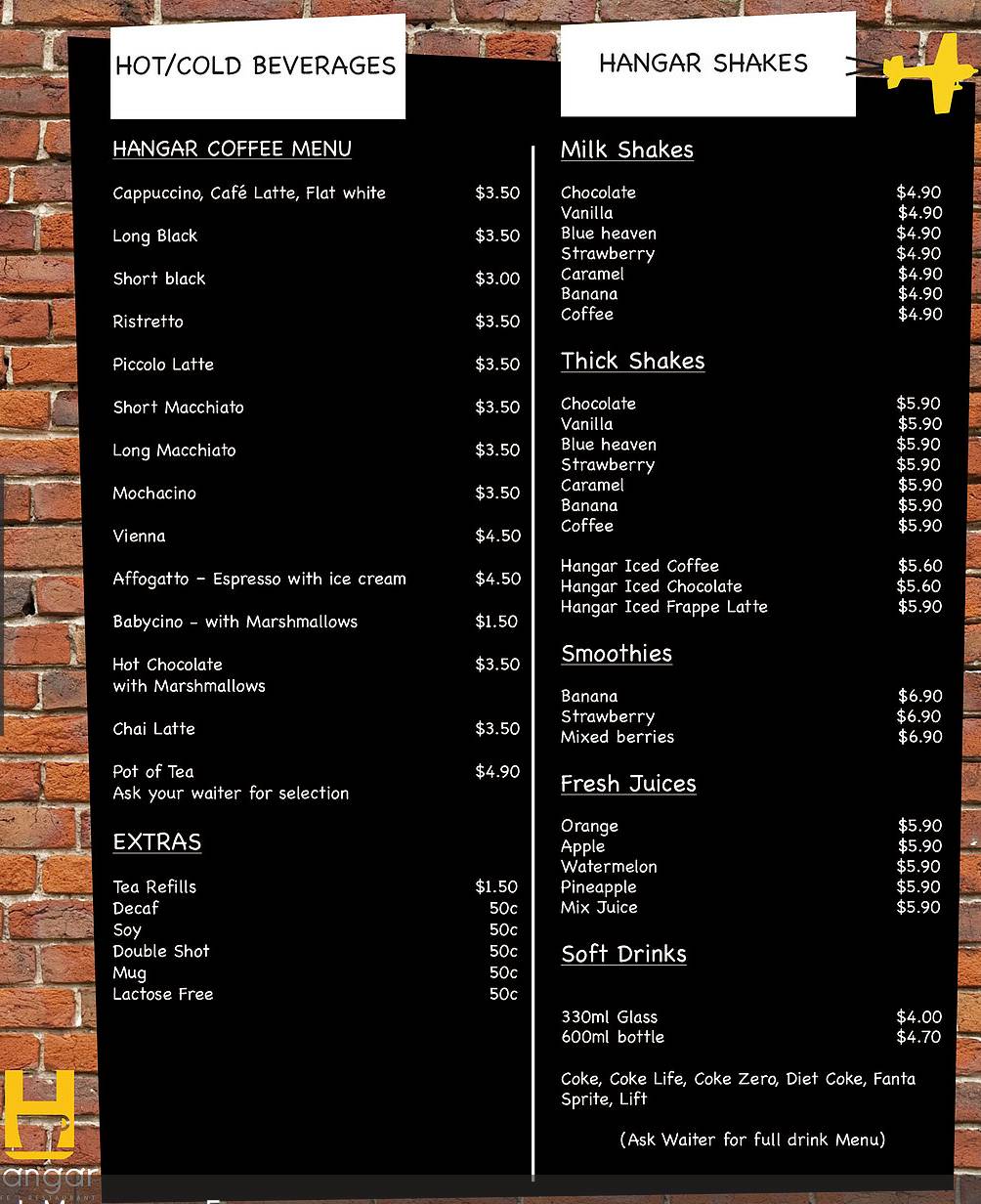 Menu at Hangar Cafe, Airport West