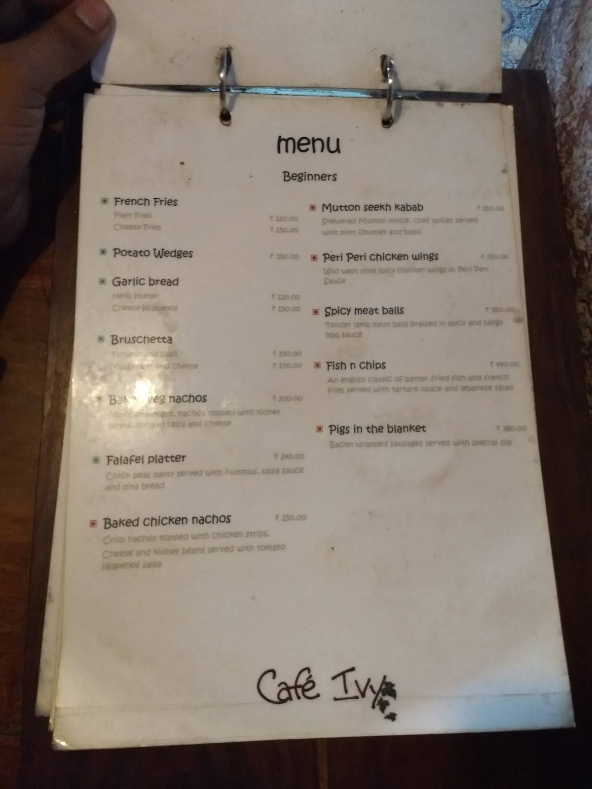 Menu at Cafe Ivy, Mussoorie