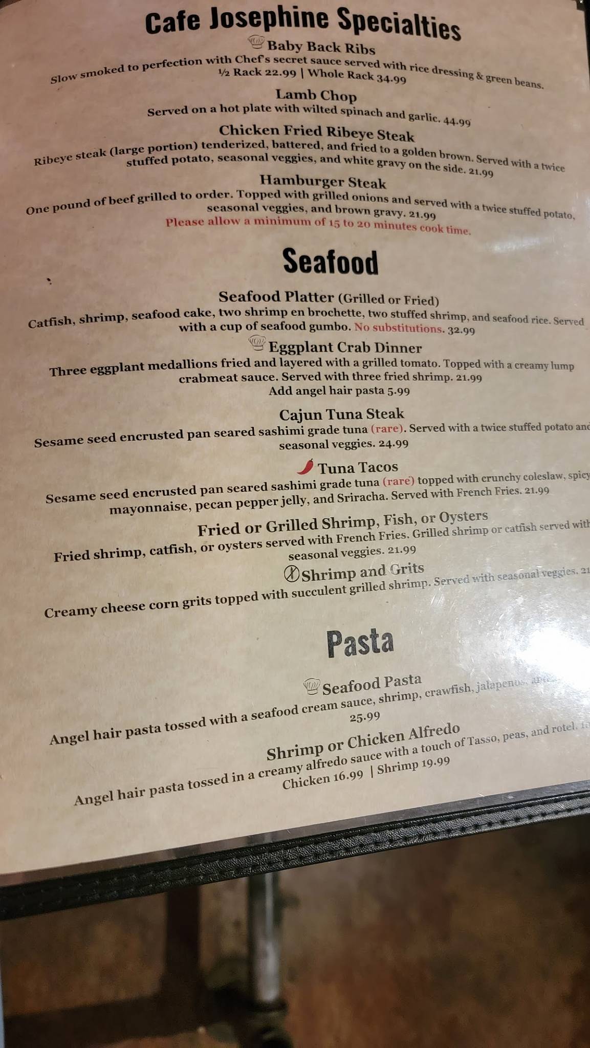 Menu at Cafe Josephine, Sunset