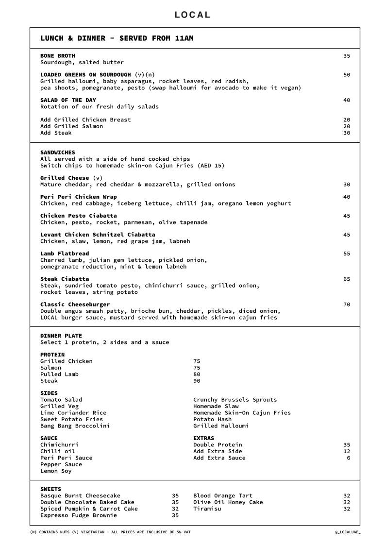 Menu at LOCAL cafe, Abu Dhabi, Al Zeina Complex