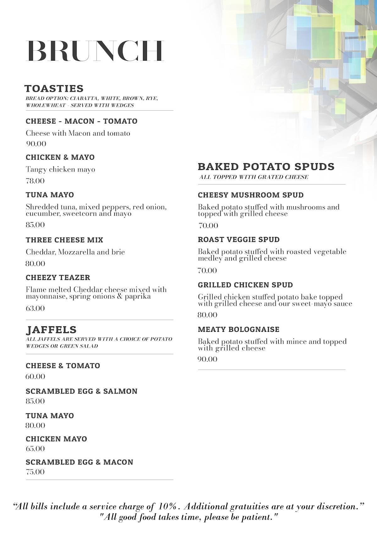 Menu at Café La Mare restaurant, Port Elizabeth