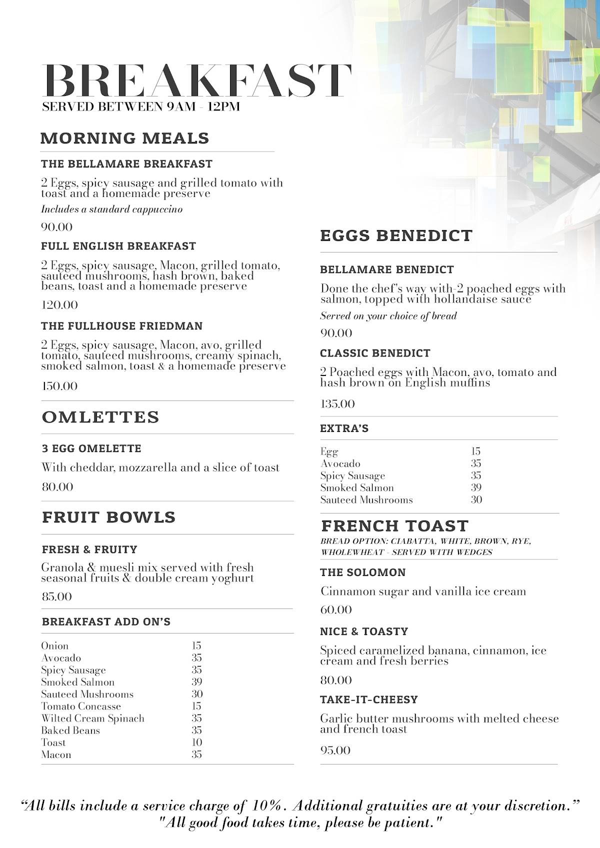 Menu at Café La Mare restaurant, Port Elizabeth