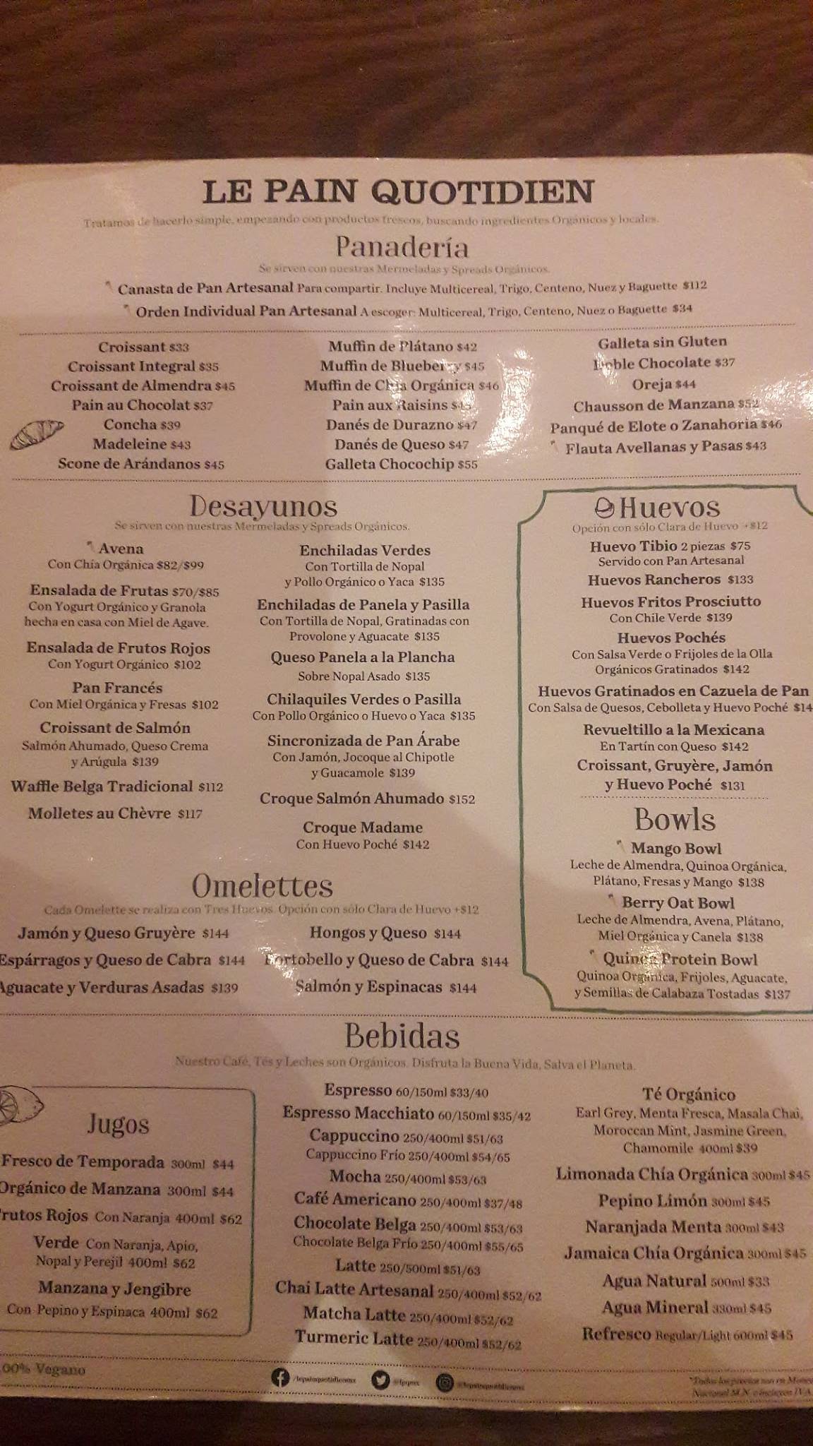 Carta de cafetería Le Pain Quotidien, Ciudad de México, Monterrey 104