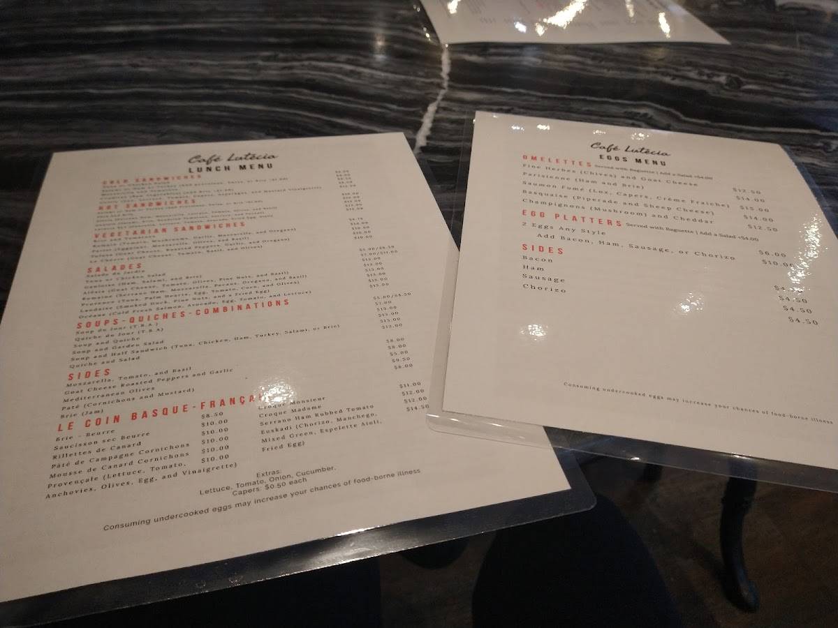 Menu at Café Lutécia restaurant, Philadelphia