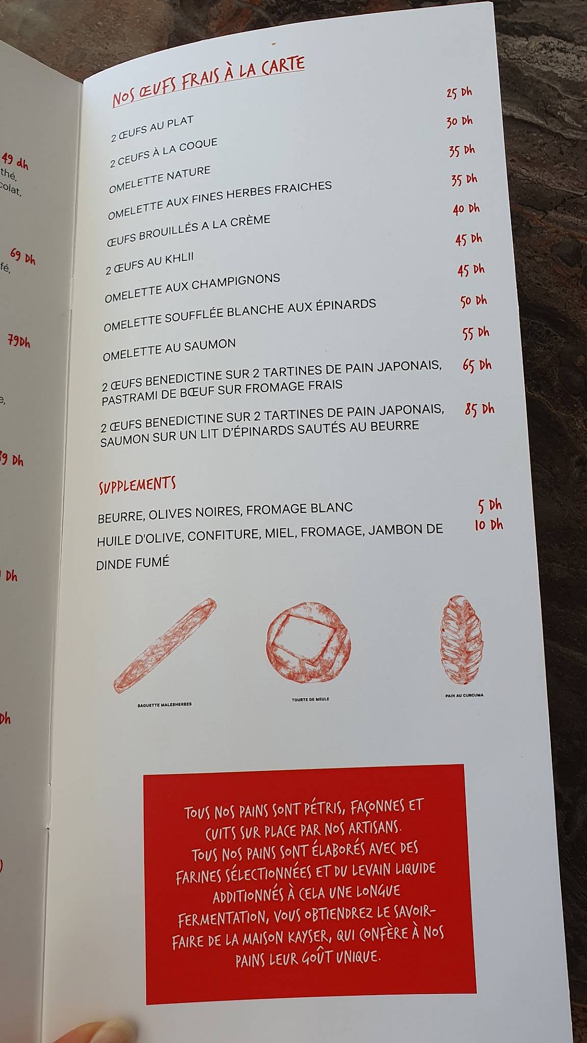 Menu at Maison Kayser cafe, Rabat