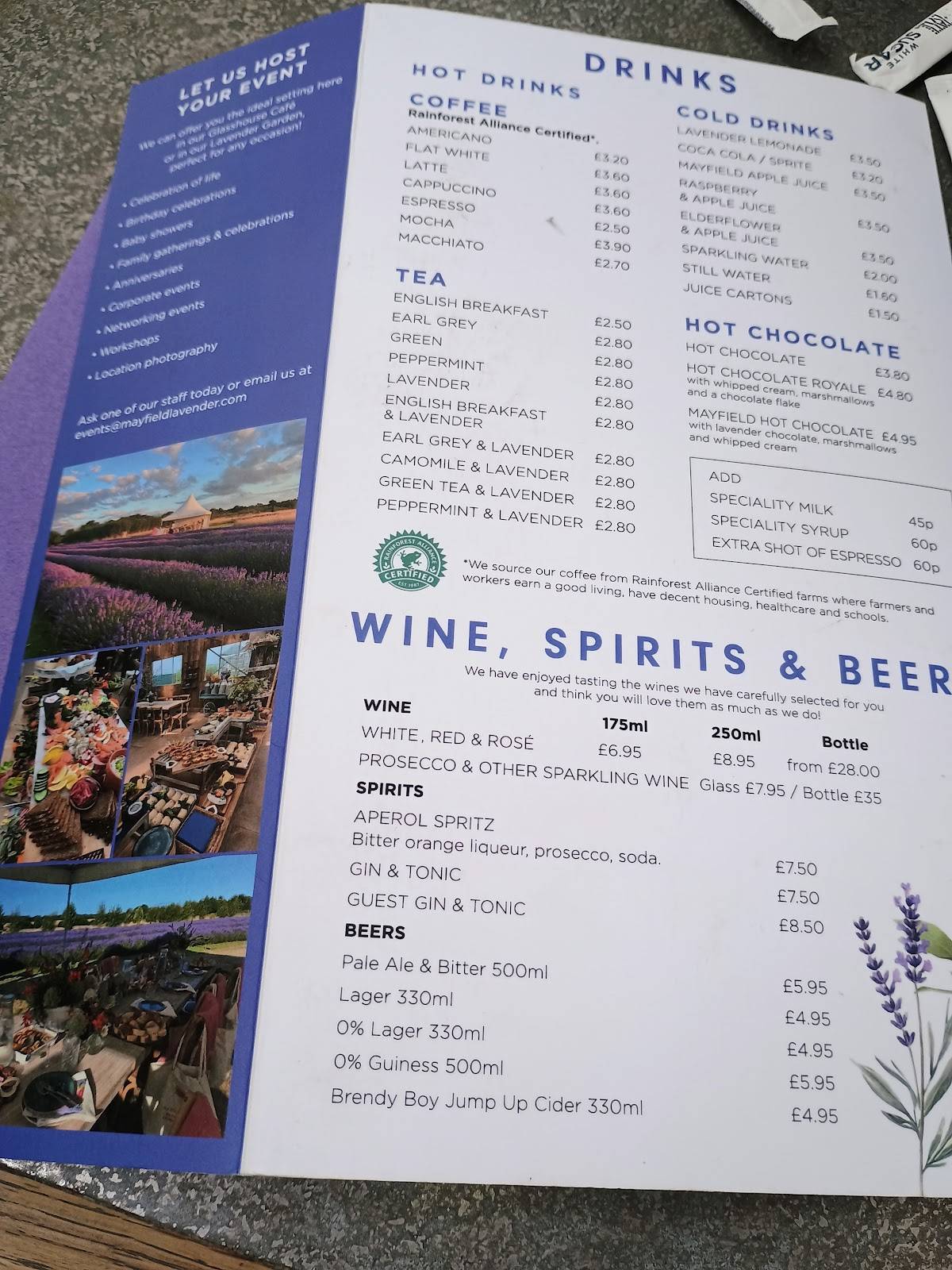 Menu at Mayfield Lavender Glasshouse Cafe and Gift & Plant Shop, Epsom