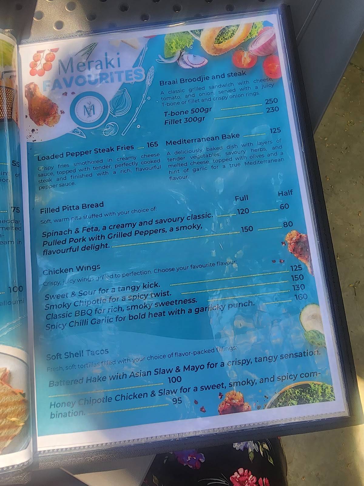 Menu at Café Meraki restaurant, Thabazimbi
