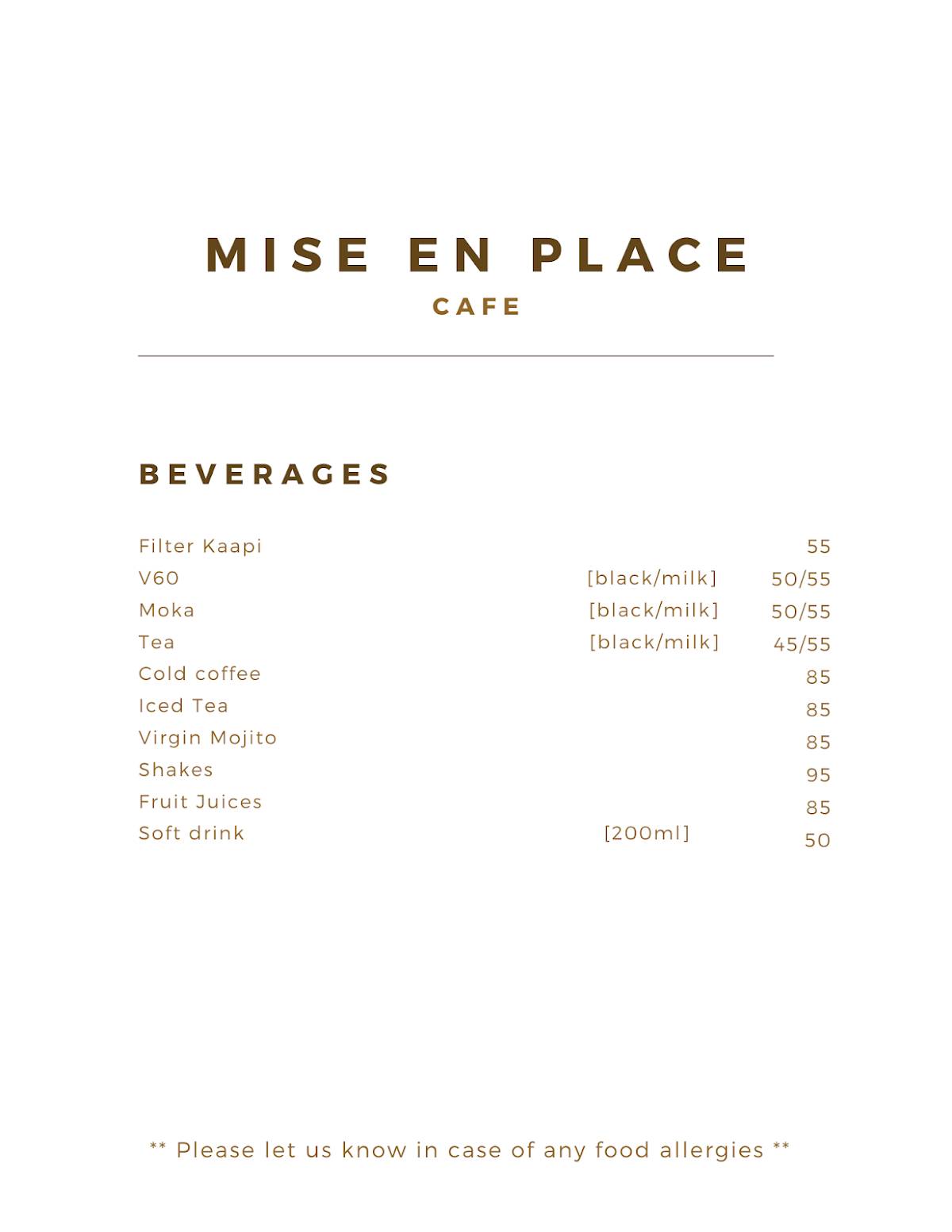 Menu at Mise En Place Cafe, Bengaluru