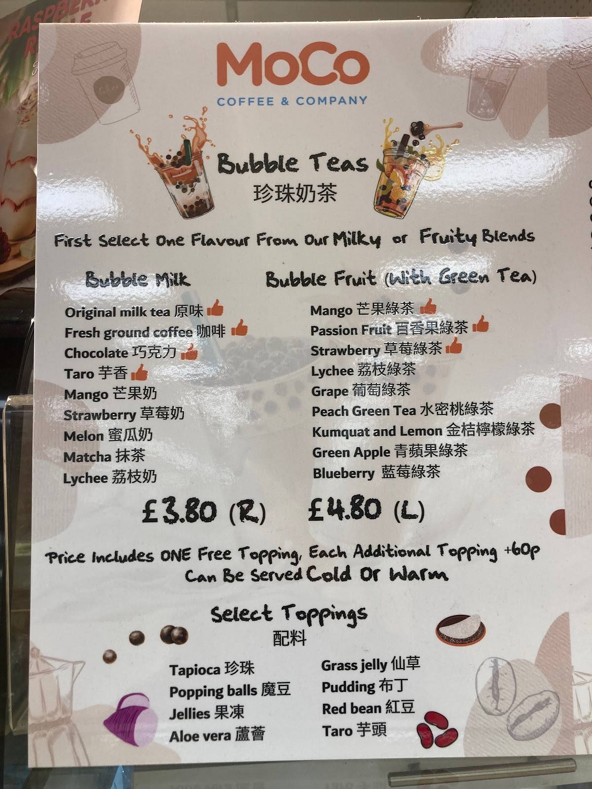 Menu at MoCo Coffee and Company cafe, Birmingham