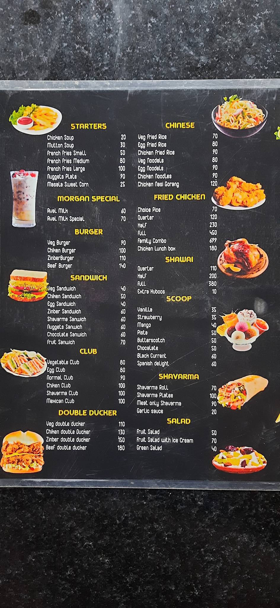 Menu at Morgan Cafe, Neyyattinkara