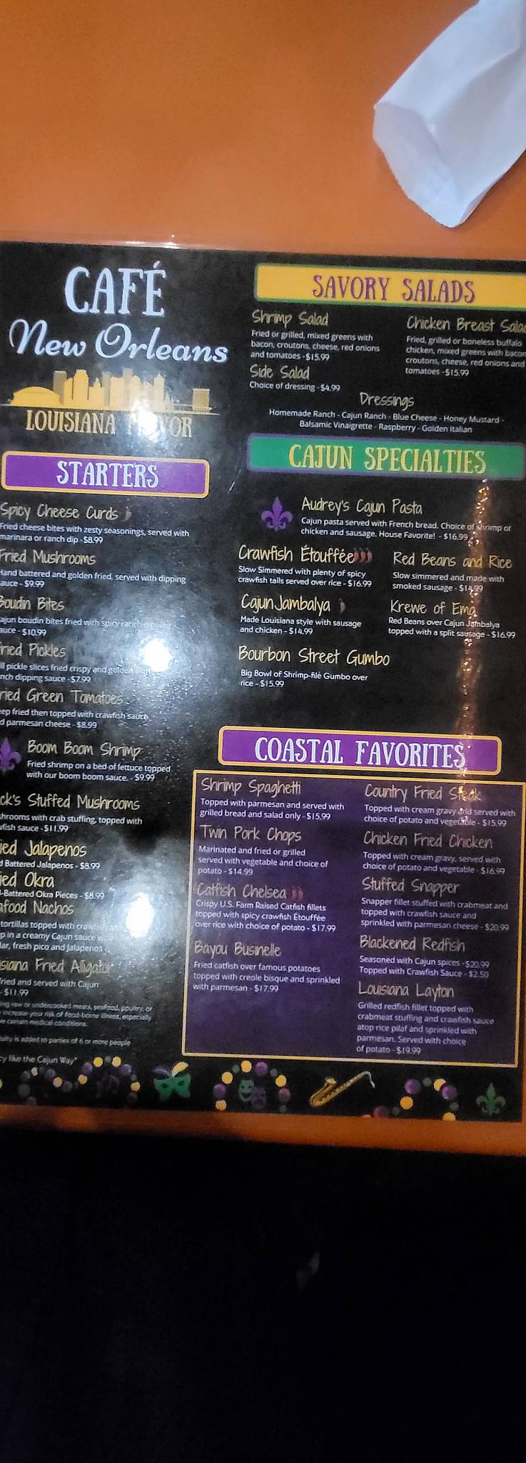 Menu at Cafe New Orleans, D'Iberville