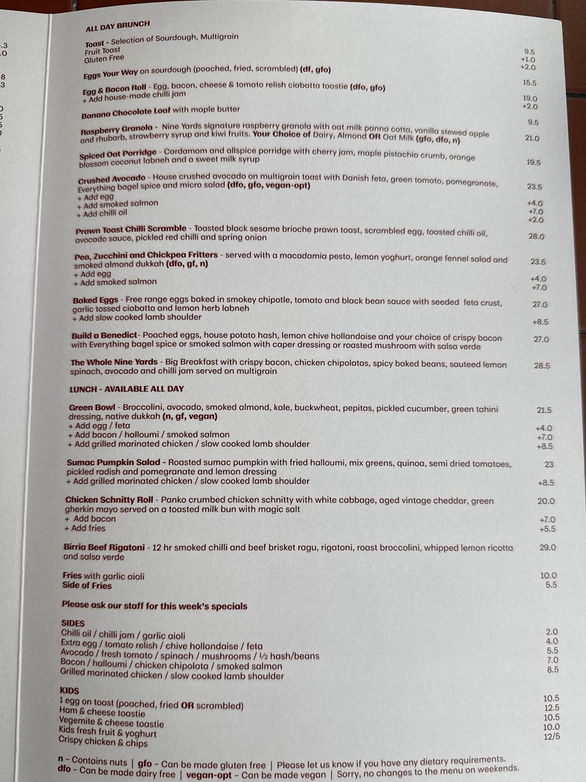Menu at Nine Yards South Melbourne cafe, South Melbourne