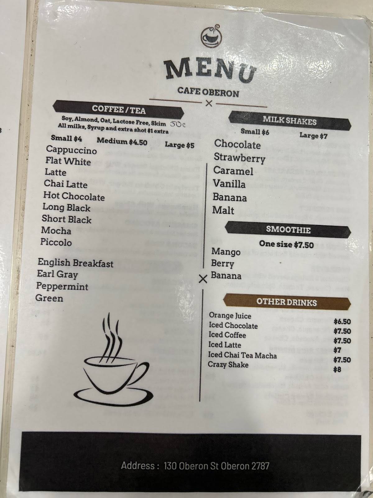 Menu at Cafe Oberon, Oberon