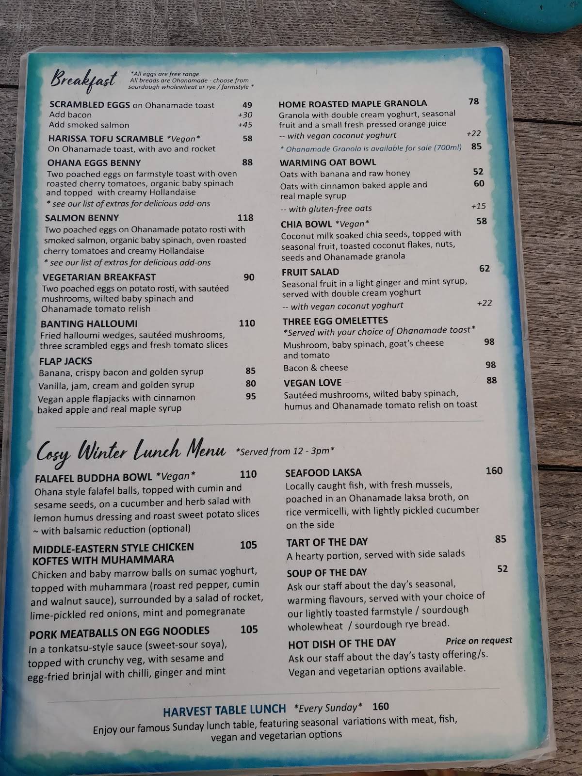 Menu at Ohana Cafe, Cape Town