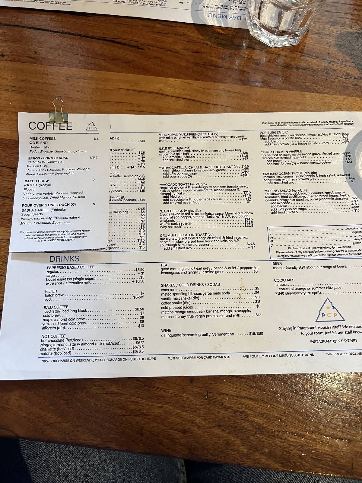 Carta del café Paramount Coffee Project, Surry Hills