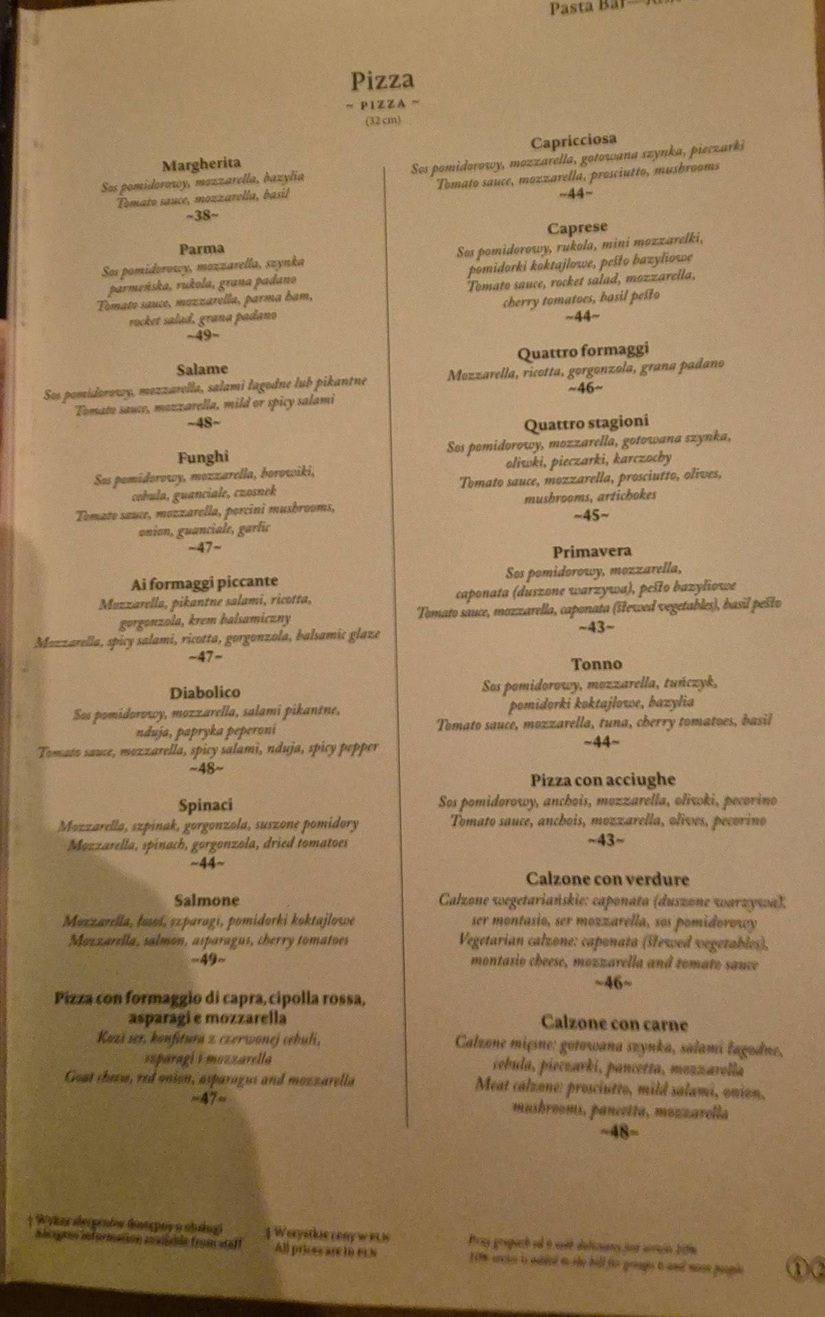 Menu at PastaBar Restauracja Pizza Kraków, Kraków