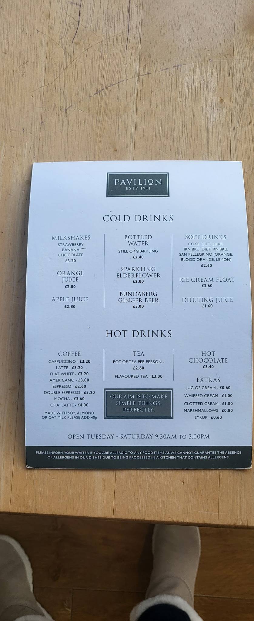 Menu at Pavilion Cafe, Montrose