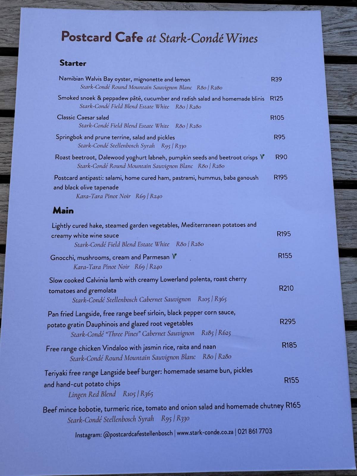 Menu at Postcard Café at Stark-Condé Wines cafe, Stellenbosch