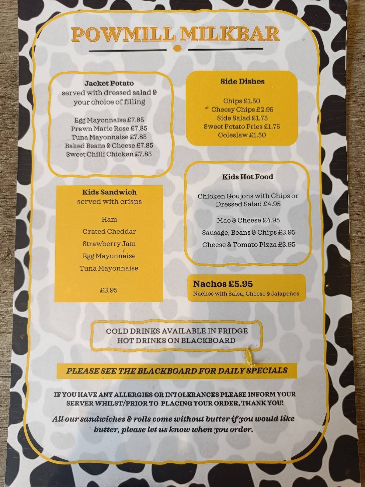 Menu at Powmill Milk Bar LTD, England, Rumbling Bridge
