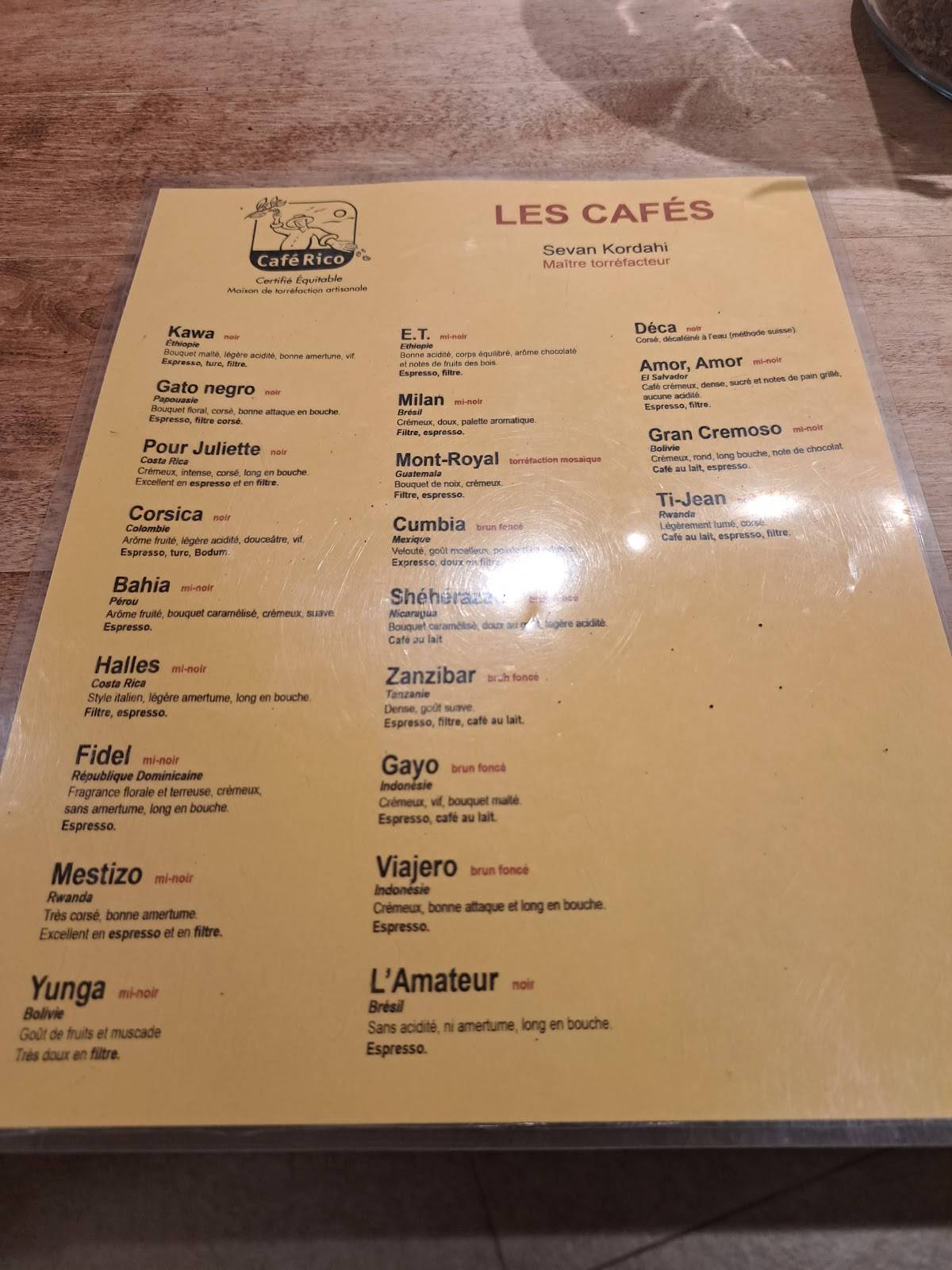 Menu at Café Rico, Montréal