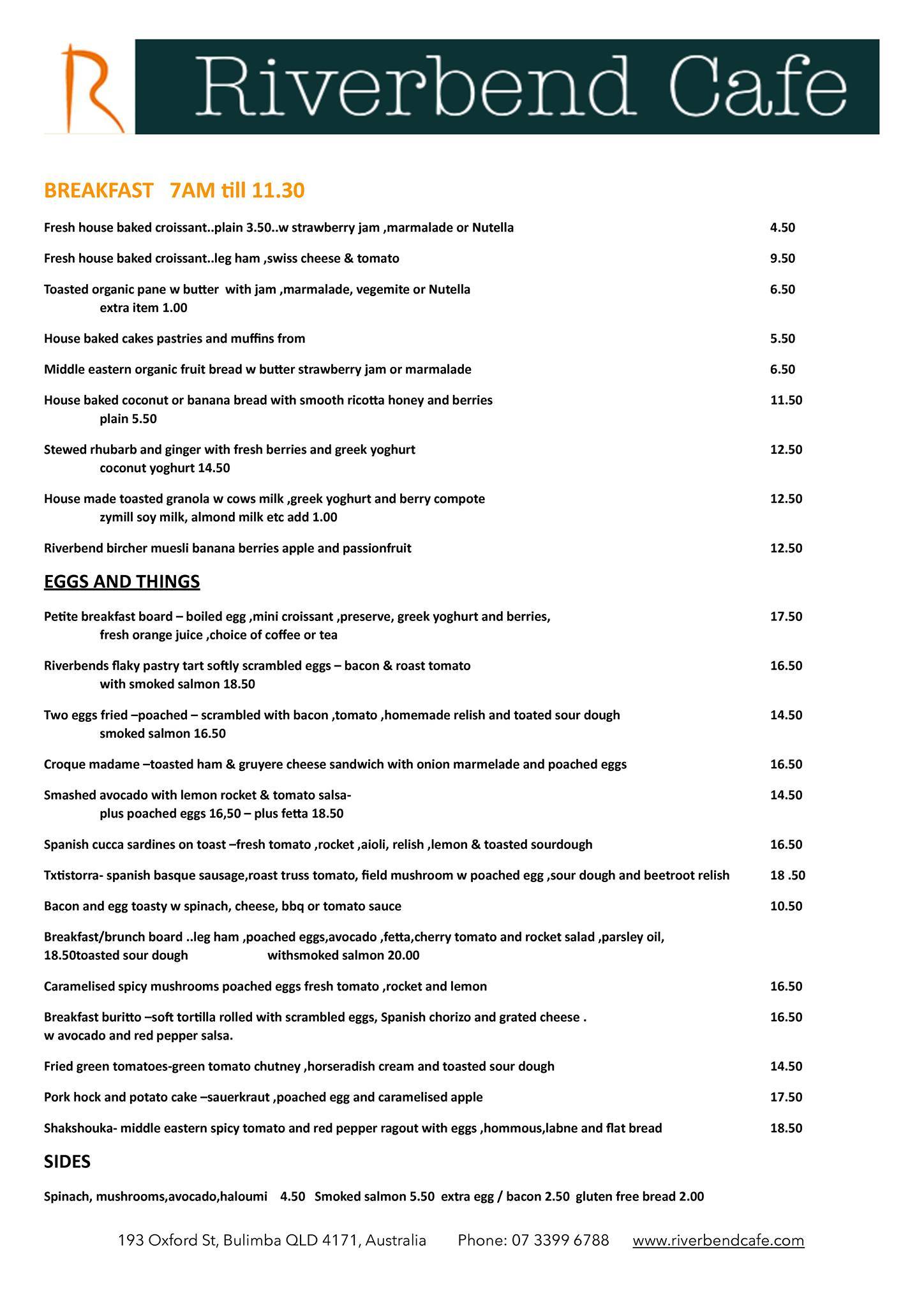 Menu at Riverbend cafe, Bulimba, 193 Oxford St