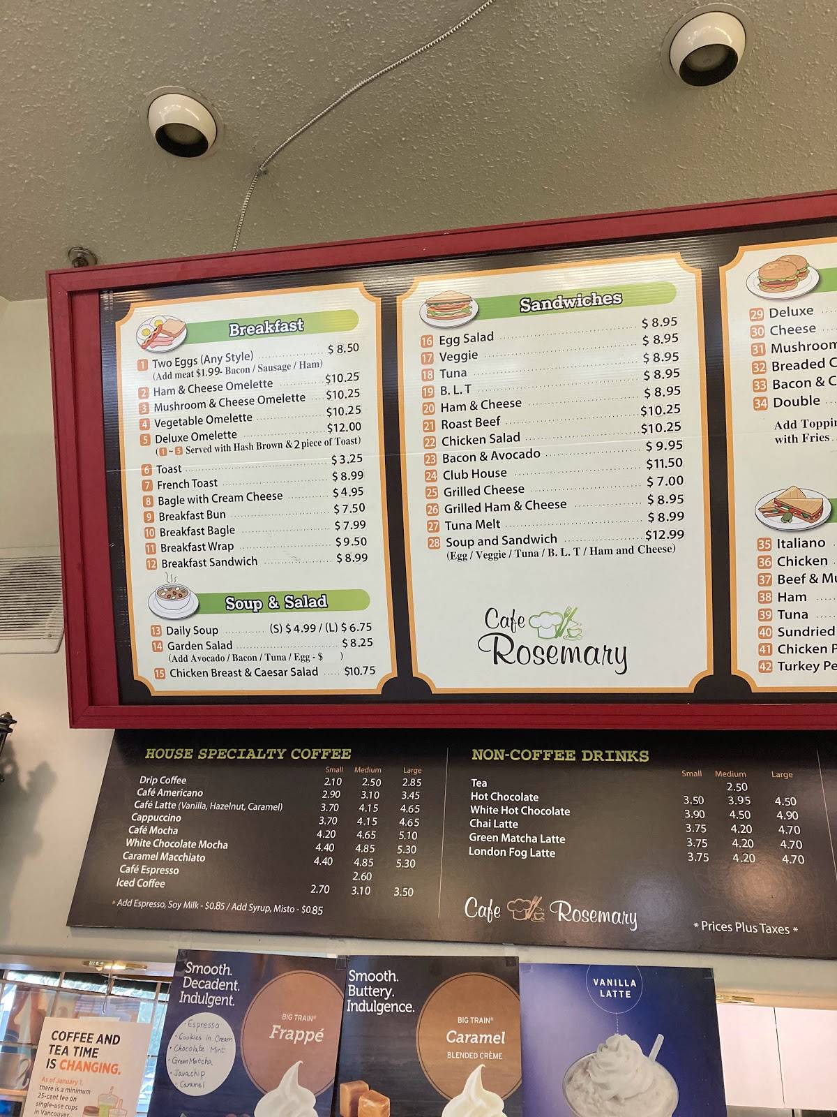 Menu at Cafe Rosemary, Vancouver