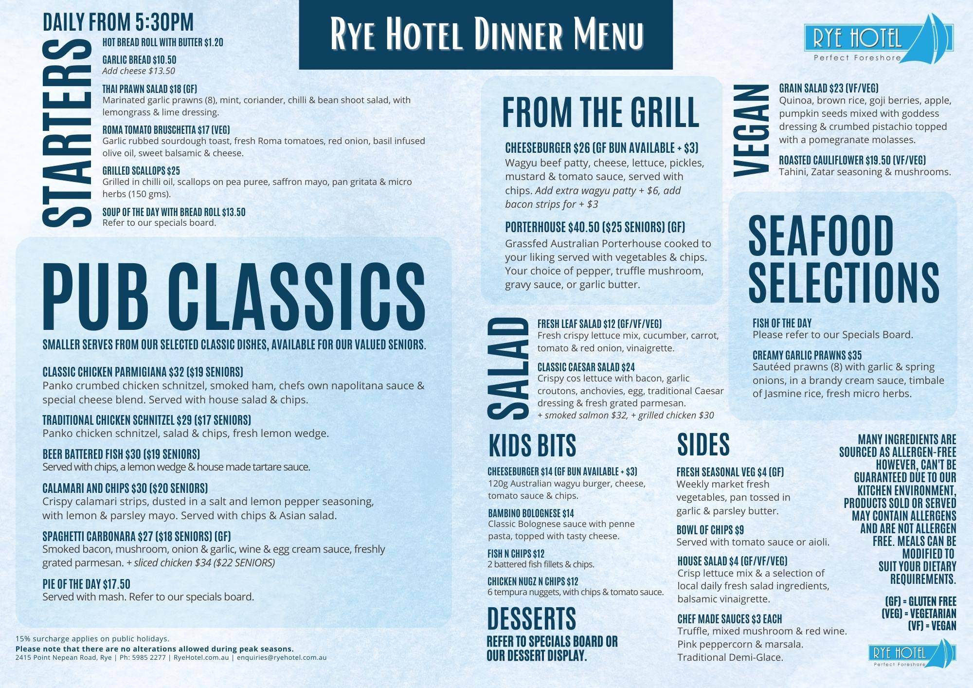 Menu at Rye Hotel cafe, Rye