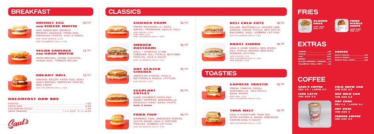 Menu at Saul's Sandwiches cafe, Bentleigh East
