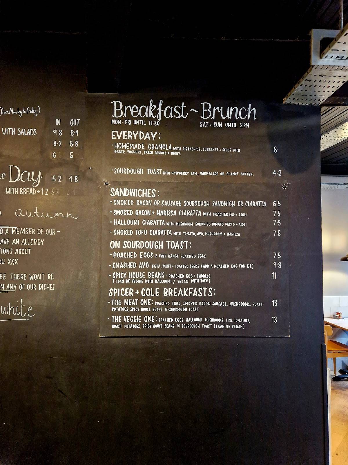 Menu at Spicer+Cole cafe, Bristol, 1 Queen Square Ave