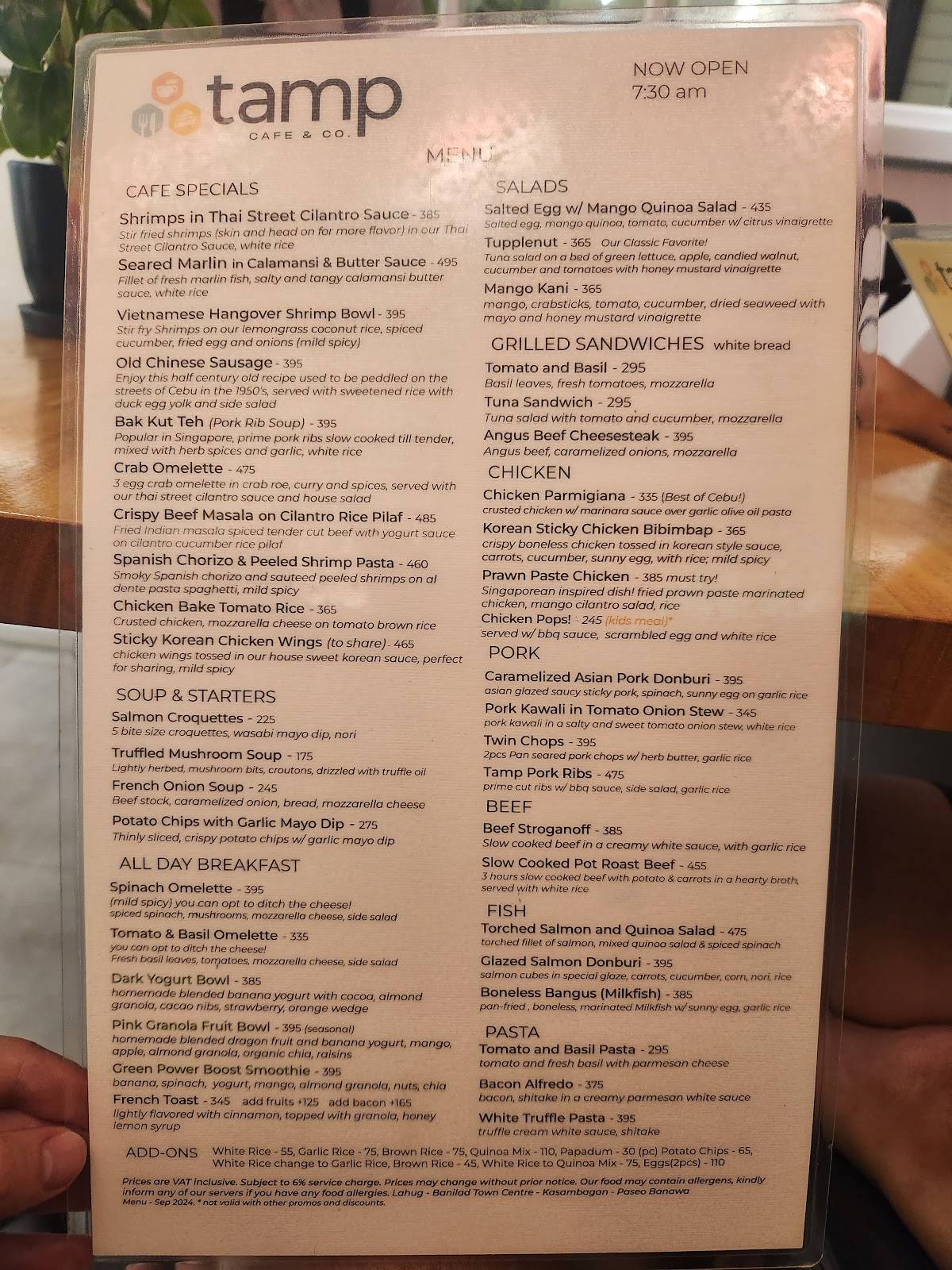 Menu at Tamp Cafe & Co. KASAMBAGAN, Cebu City, 12 President Aguinaldo ...