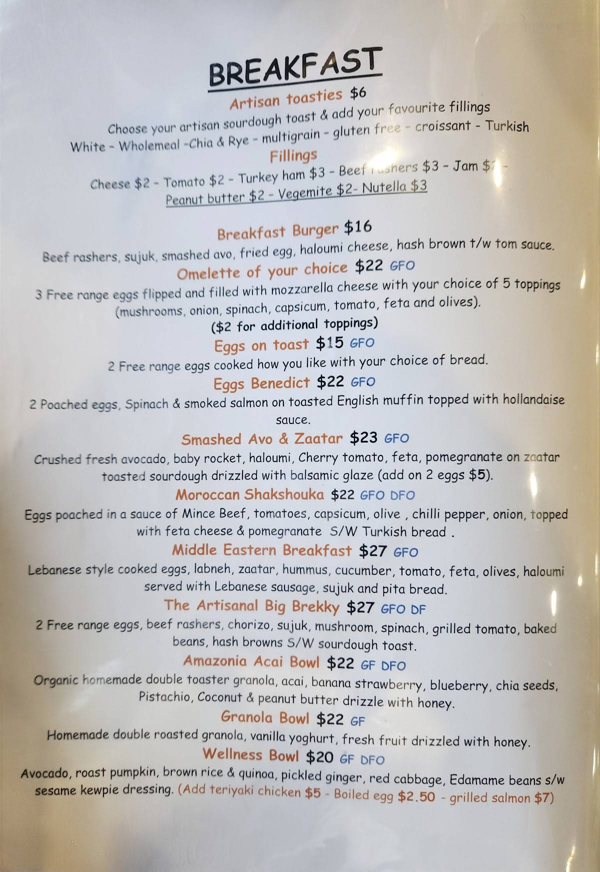 Menu at The Artisanal Cafe, Villawood
