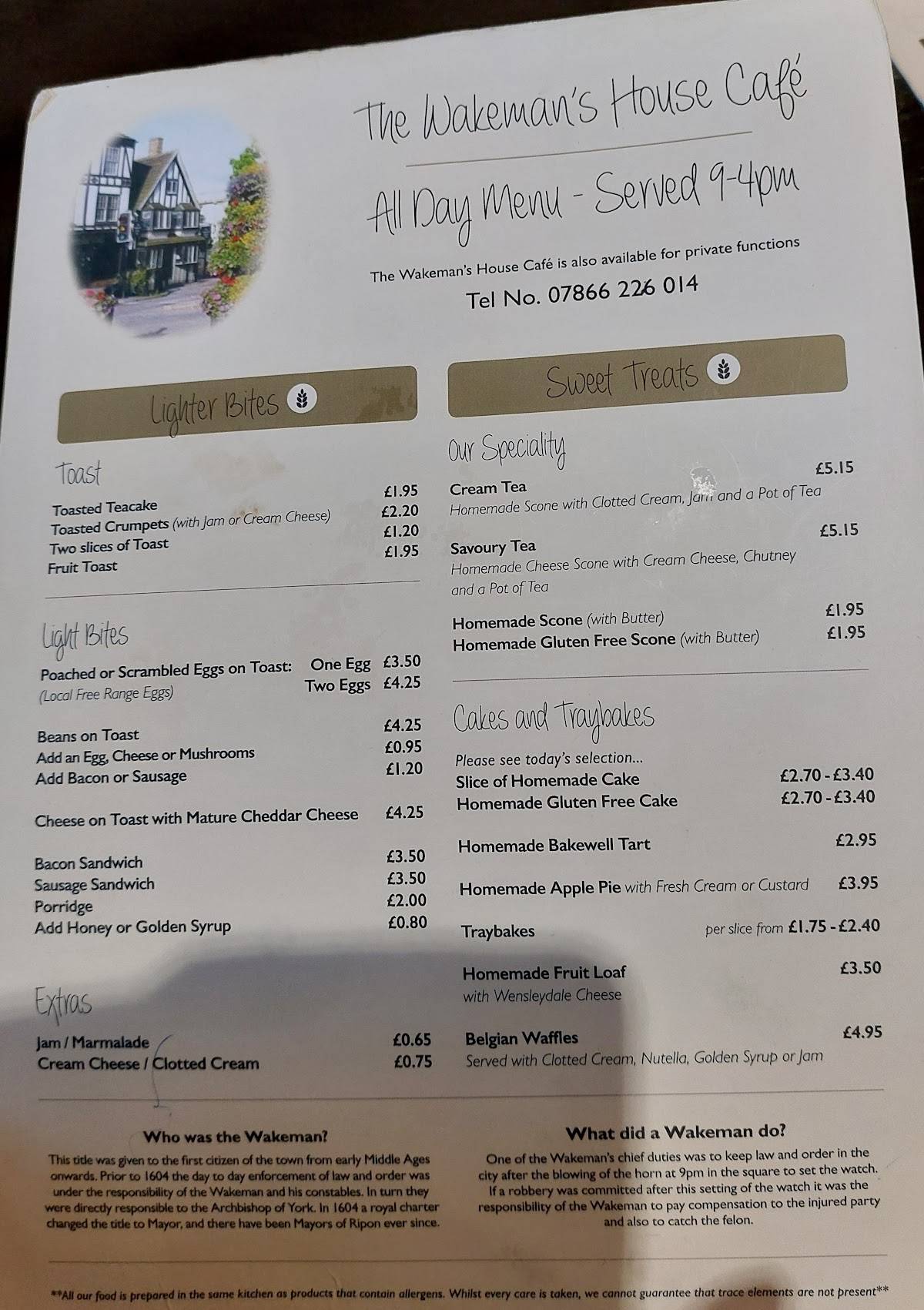 Menu at The Wakeman's House Cafe, Ripon