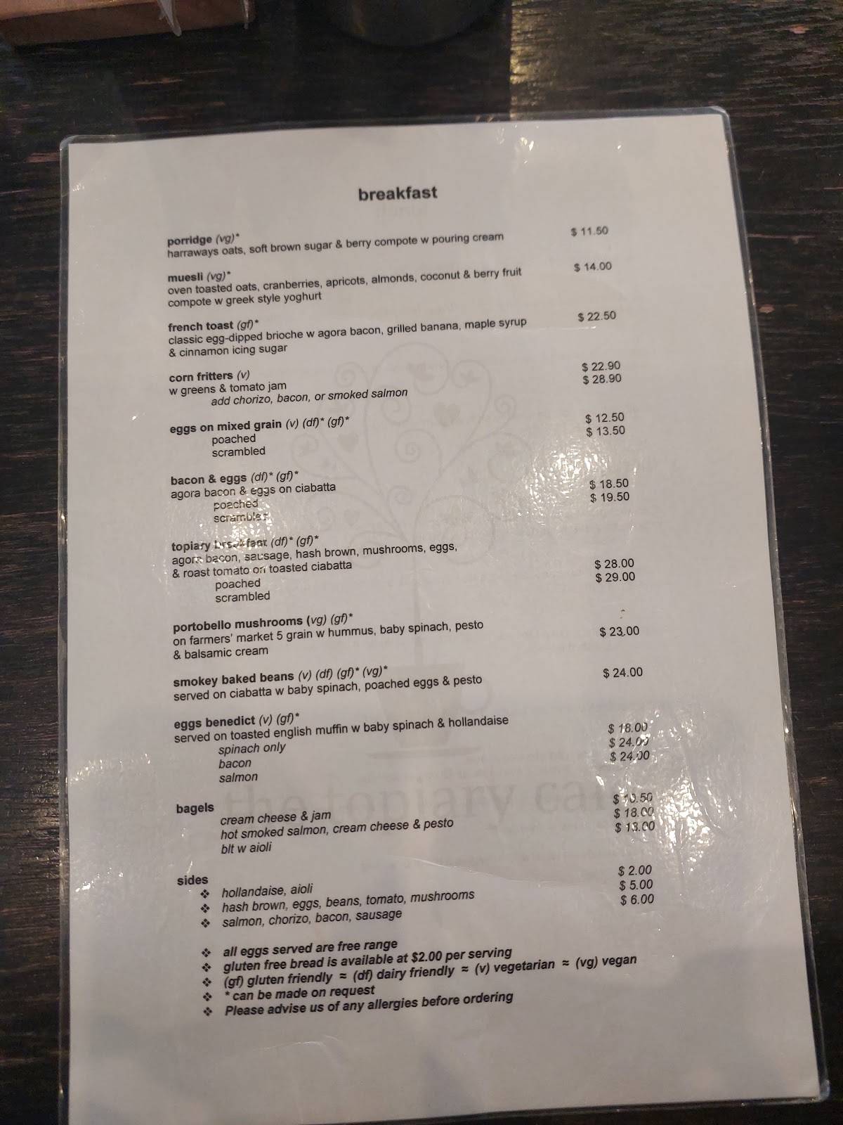 Menu at Topiary Café cafe, Mosgiel