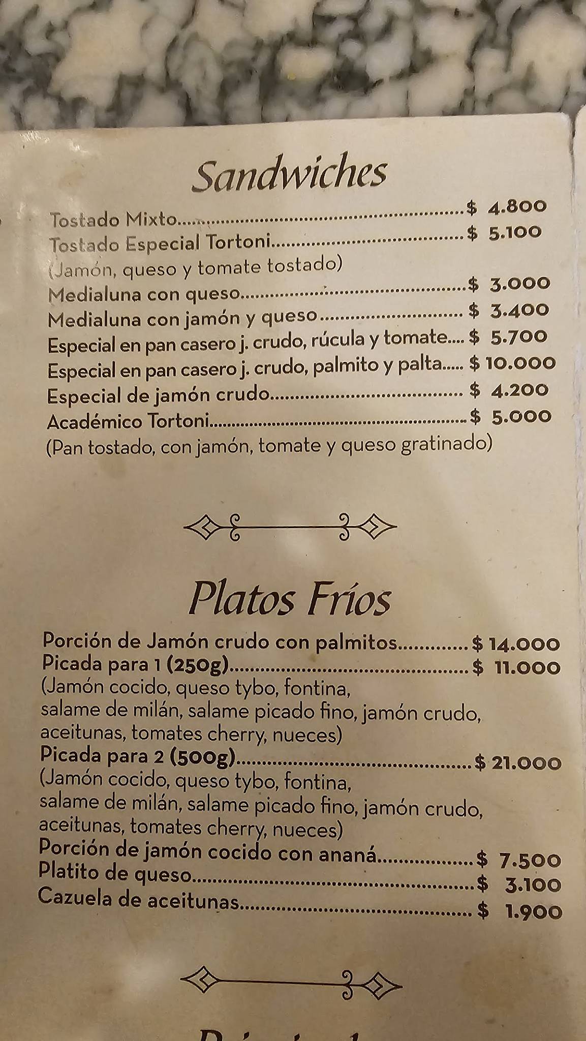 Menu at Café Tortoni, Buenos Aires, Av. de Mayo 825