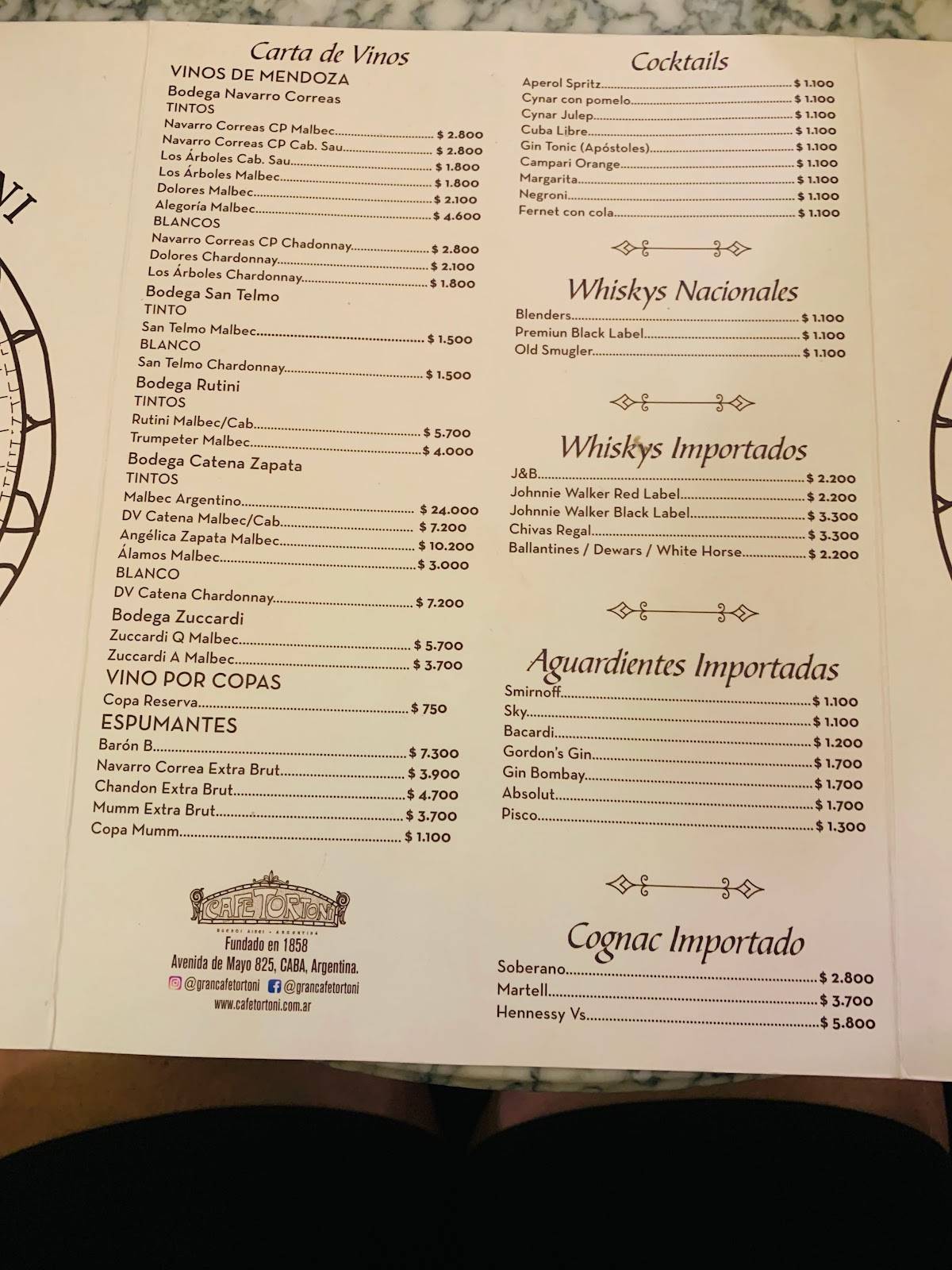 Menu at Café Tortoni, Buenos Aires, Av. de Mayo 825