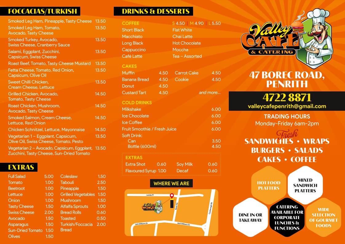 Menu at Valley Cafe, Penrith