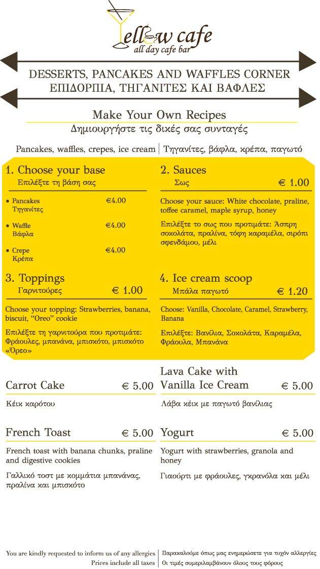 Menu at Yellow Cafe, Limassol, Molos