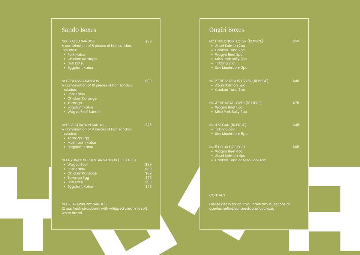 Menu at Yuna Cafe & Restaurant, Mile End