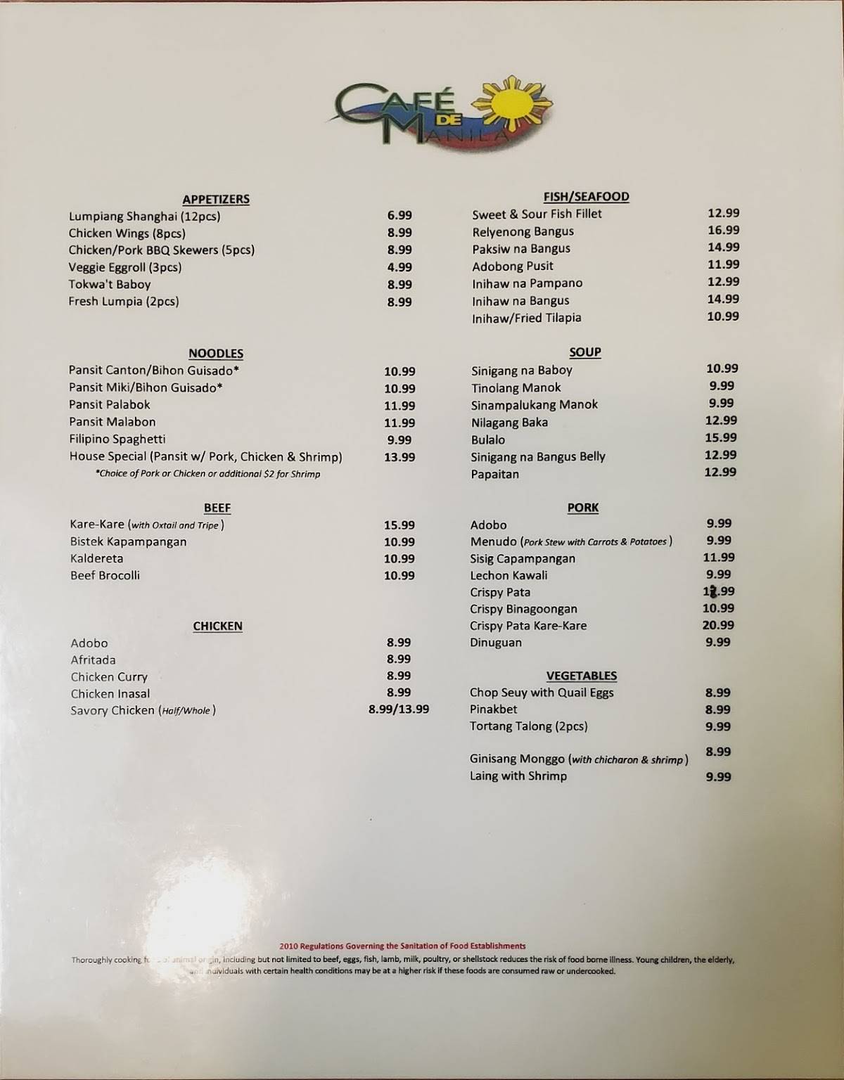 Menu at Cafe de Manila, Las Vegas