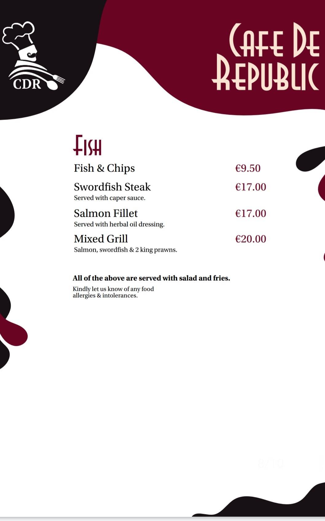Menu at Cafe de Republic, Hamrun